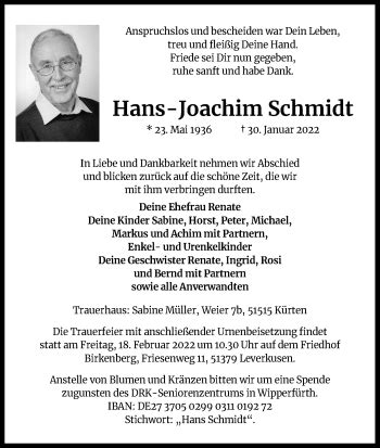Traueranzeigen Von Hans Joachim Schmidt WirTrauern