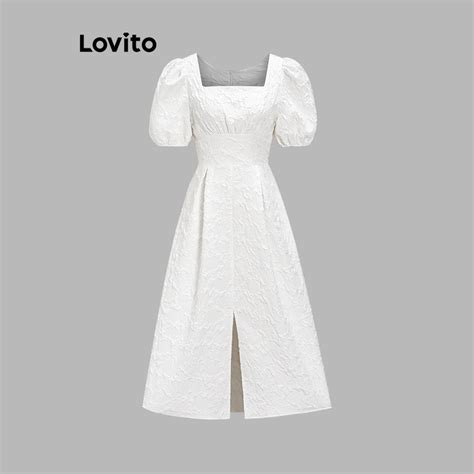 Lovito Vestido Feminino Elegante Liso Manga Bufante Em Jacquard E