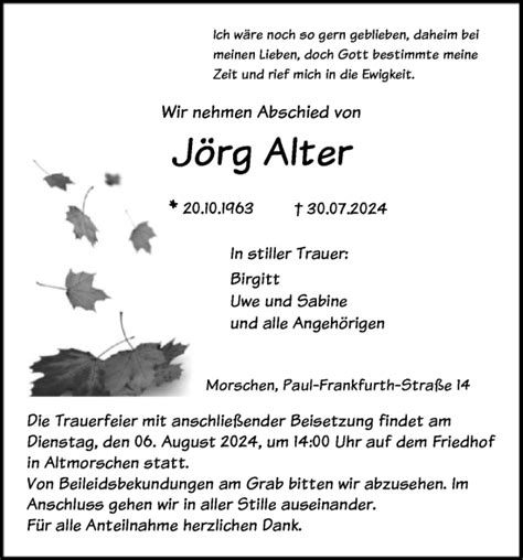 Traueranzeigen von Jörg Alter Trauer HNA de