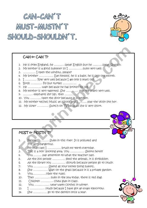 MODALS Should Shouldnt Must Mustnt Cant Cant ESL Worksheet By