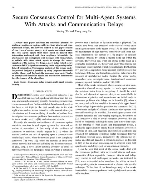 pdf secure consensus control for multi agent systems with attacks and communication delays
