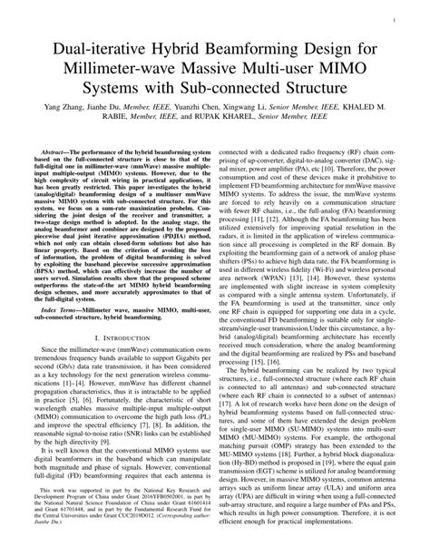 pdf dual iterative hybrid beamforming design for millimeter wave massive multi user mimo