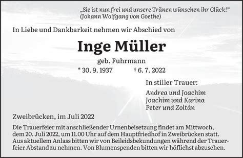 Traueranzeigen von Inge Müller Saarbruecker Zeitung Trauer de
