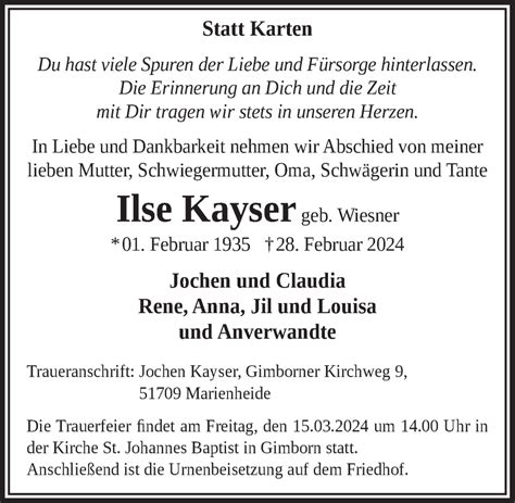 Traueranzeigen Von Ilse Kayser WirTrauern