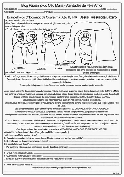 Pãozinho do Céu Quaresma Atividades de Catequese Evangelho do 5º