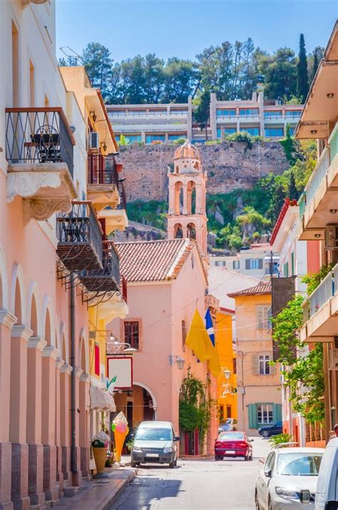 Traditional Cozy Greek Street In City Nafplio Greece Stock Image