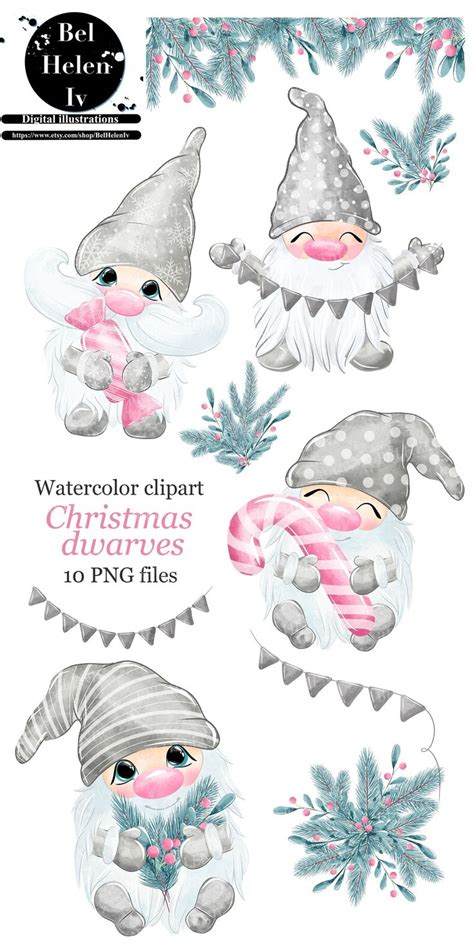 Watercolor Clipart Christmas Gnomes And Snowflakes