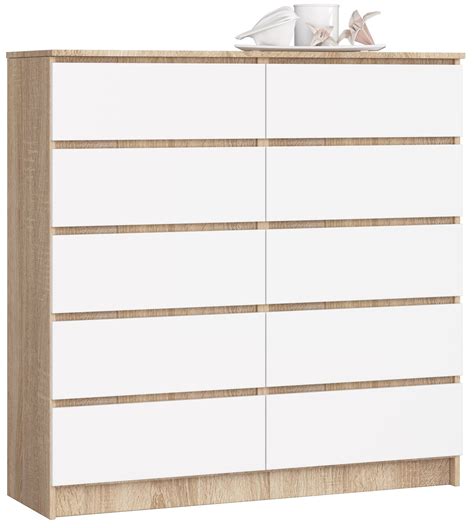 Commode AKORD K120 Chêne Sonoma 120 cm 10 tiroirs façade Blanche