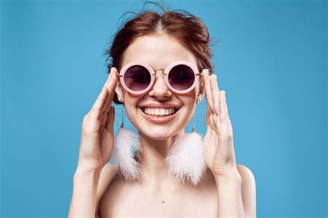 Joyful Woman Naked Shoulders Emotions Studio Fashion Posing Stock Image