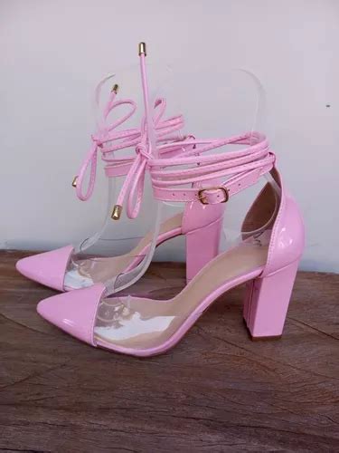 Scarpin Feminino Vinil C Amarração Salto Grosso Rosa Bebe