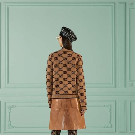GG wool bouclé jacquard cardigan in camel and brown GUCCI US