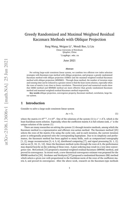 pdf greedy randomized and maximal weighted residual kaczmarz methods with oblique projection