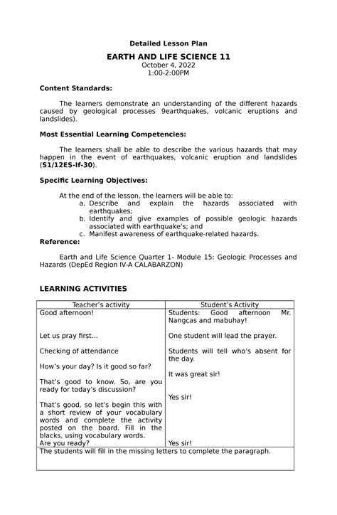 ELS Geoloigic Processsesand Hazard Detailed Lesson Plan EARTH AND