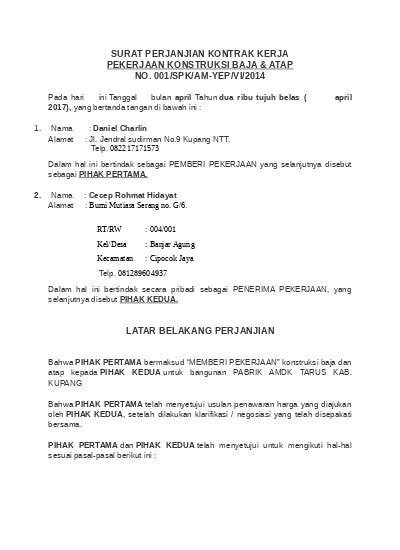 Detail Contoh Surat Perjanjian Kerja Proyek Koleksi Nomer 8