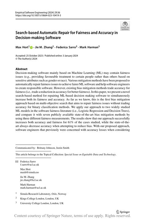 pdf search based automatic repair for fairness and accuracy in decision making software