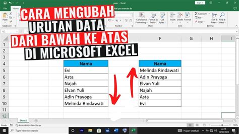 Cara Mengubah Urutan Data Dari Bawah Ke Atas Di Excel Youtube