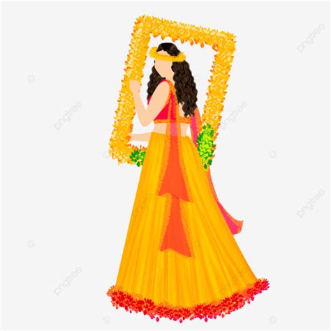 Indian Wedding Haldi Bride With Holding Flower Frame In Yellow Attire