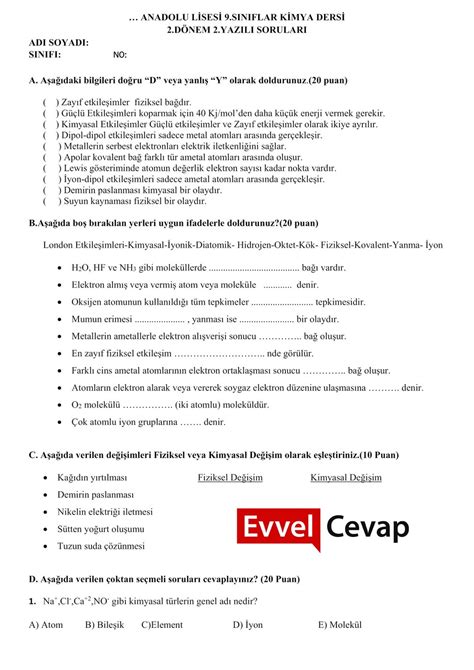 9 Sınıf Kimya 1 Dönem 2 Yazılı Soruları Sinif 2