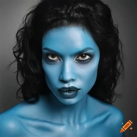 Blue Skinned Humanoid Alien Woman With Black Wavy Hair