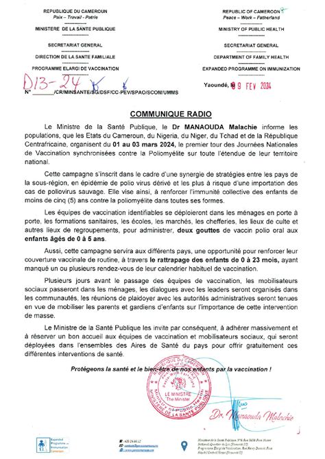 Poliomyélite le Cameroun prépare avec quatre pays des Journées