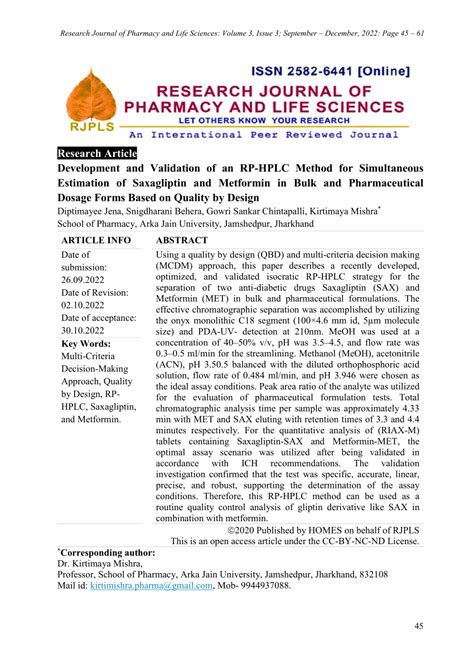 pdf development and validation of an rp hplc method for simultaneous estimation of saxagliptin
