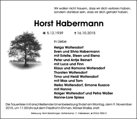 Traueranzeigen Von Horst Habermann Trauer Anzeigen De