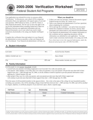 Fillable Online Ifap Ed 2005 2006 Verification Worksheet U Ifap Ed