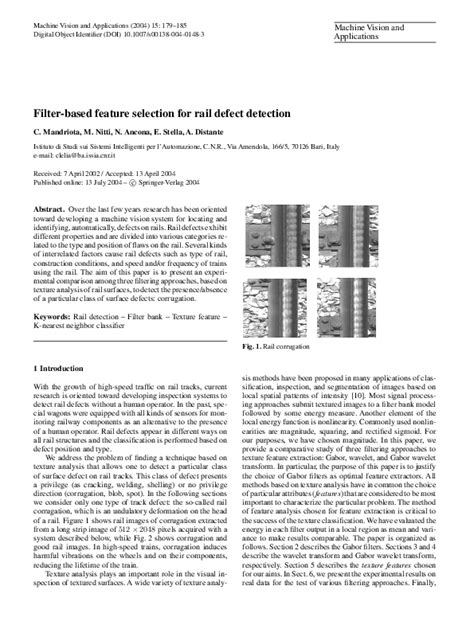 pdf filter based feature selection for rail defect detection nicola ancona and ettore stella