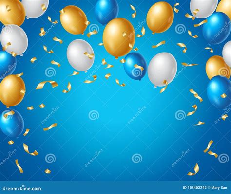 Coloreado Globos Azules Blancos Y Del Oro Y Confeti De Oro En Un Fondo