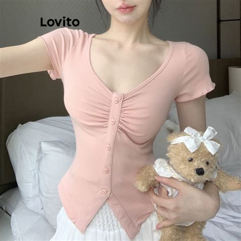 Lovito Women Casual Plain Split Front Button Ruched T Shirt LNE48276