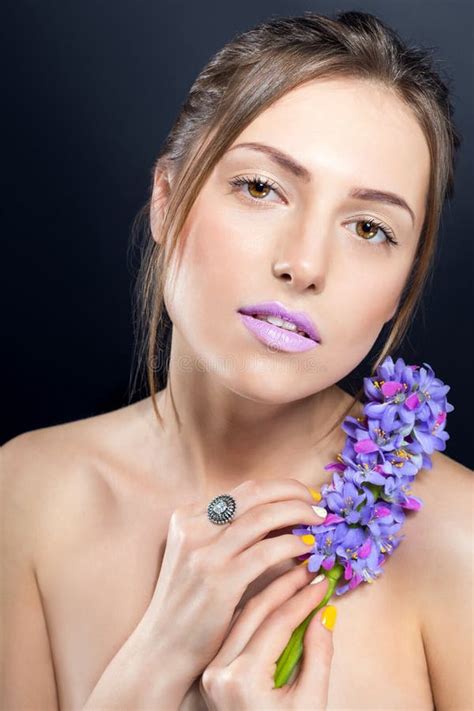 Close Portrait Of Beautiful Naked Girl With Bright Stock Image Image