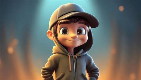 Ilustração 3D de um personagem de desenho animado capuz e boné