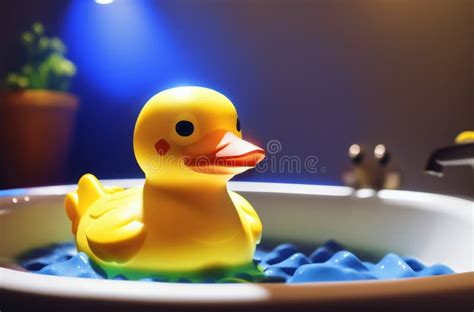 Yellow Duck Toy In Bath Cute Bright Waterfowl In Bathroom Generative