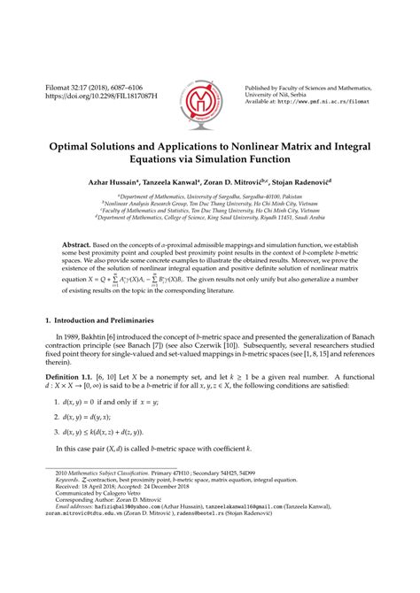 pdf optimal solutions and applications to nonlinear matrix and integral equations via