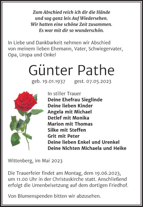 Traueranzeigen von Günter Pathe abschied nehmen de