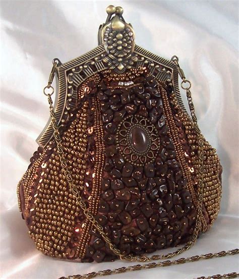Brown Vintage Look Evening Bag Bead Sequin Rhinestone W Chain Straps