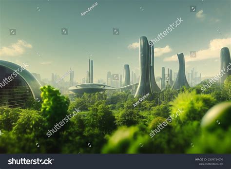 Scifi Green Utopia Futuristic City Environmentalism Stock Illustration