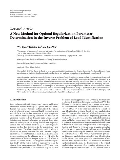 pdf a new method for optimal regularization parameter determination in the inverse problem of