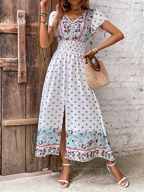 SHEIN VCAY Vestido Con Estampado Floral De Manga Mariposa De Muslo Con