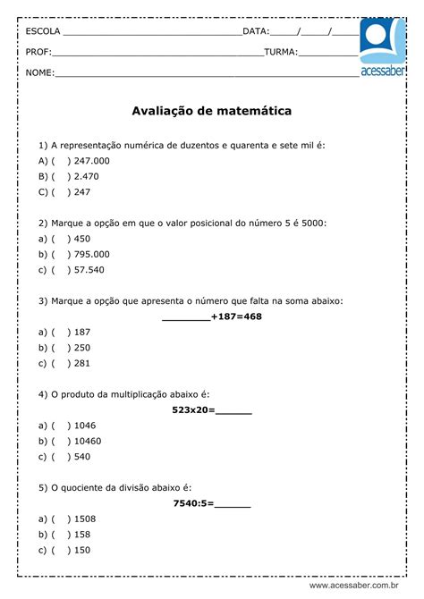 Avaliação de matemática 4º ou 5º ano Acessaber