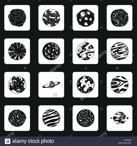 Fantastic Planets Icons Set In White Squares On Black Background Simple