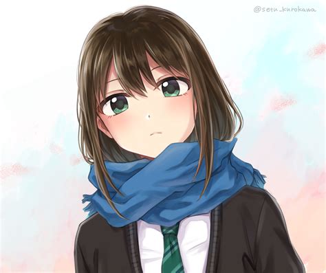 Safebooru 1girl Aqua Eyes Artist Name Black Cardigan Blue Scarf Blush Brown Hair Cardigan