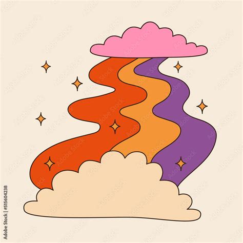Retro Groovy Clouds With Rainbow Path 60s And 70s Vibes Psychedelic