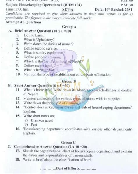 TU BHM 1st Semester Housekeeping Past Questions BhmAims