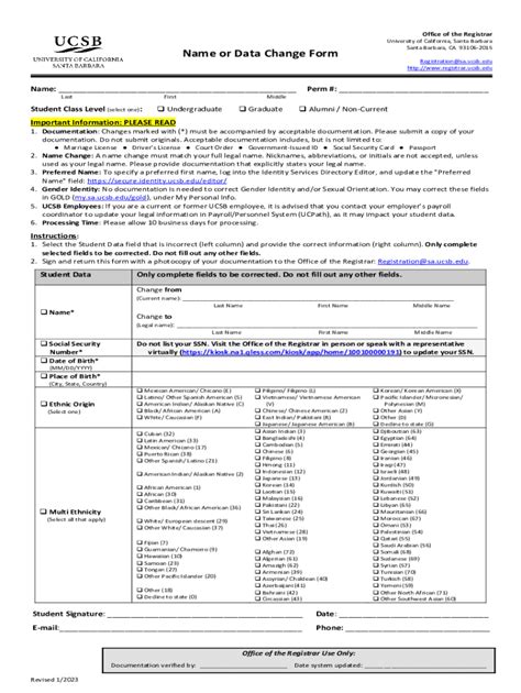 Fillable Online Registrar Sa Ucsb Name Or Data Change Form Fax Email