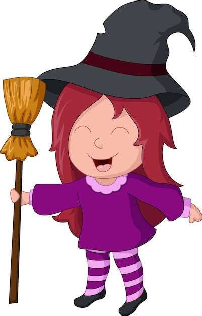 Linda niña bruja sosteniendo un palo de escoba Vector Premium