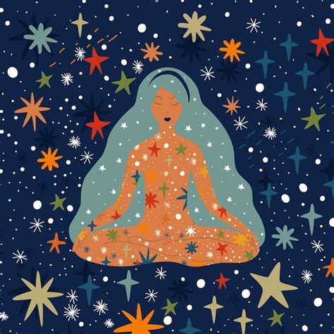 Mujer con estrellas en su cuerpo meditando en posición de loto sobre