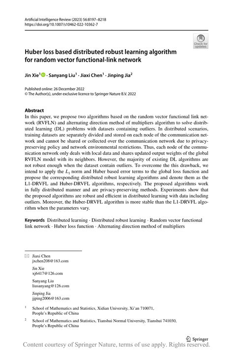 huber loss based distributed robust learning algorithm for random vector functional link network