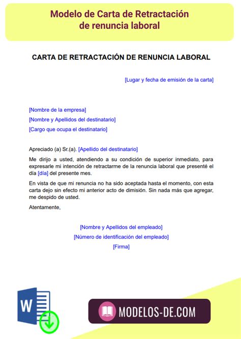 Carta De Retractaci N De Renuncia Laboral En Word Gratis