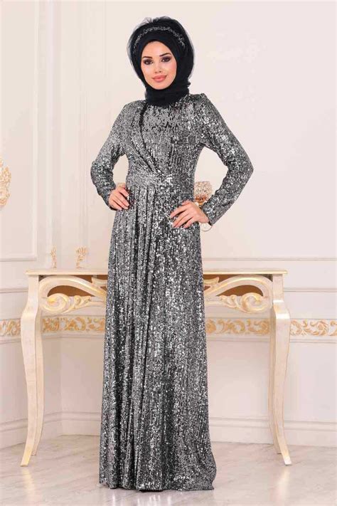 Pul Payetli Siyah Tesett R Abiye Elbise S Neva Style